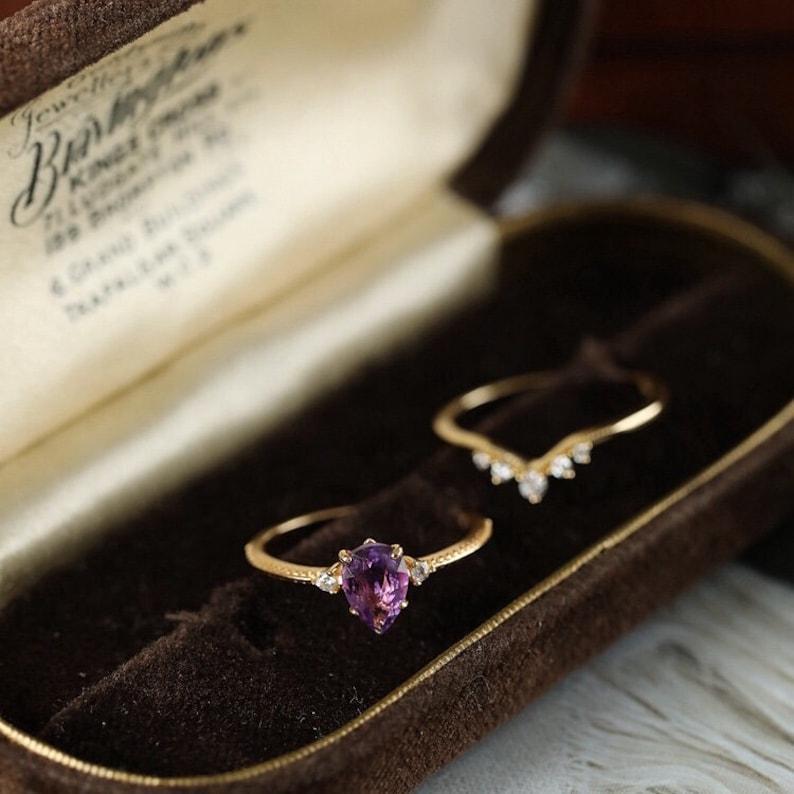 Amethyst Ring Set Teardrop Amethyst Ring Gold Natural Purple - Etsy