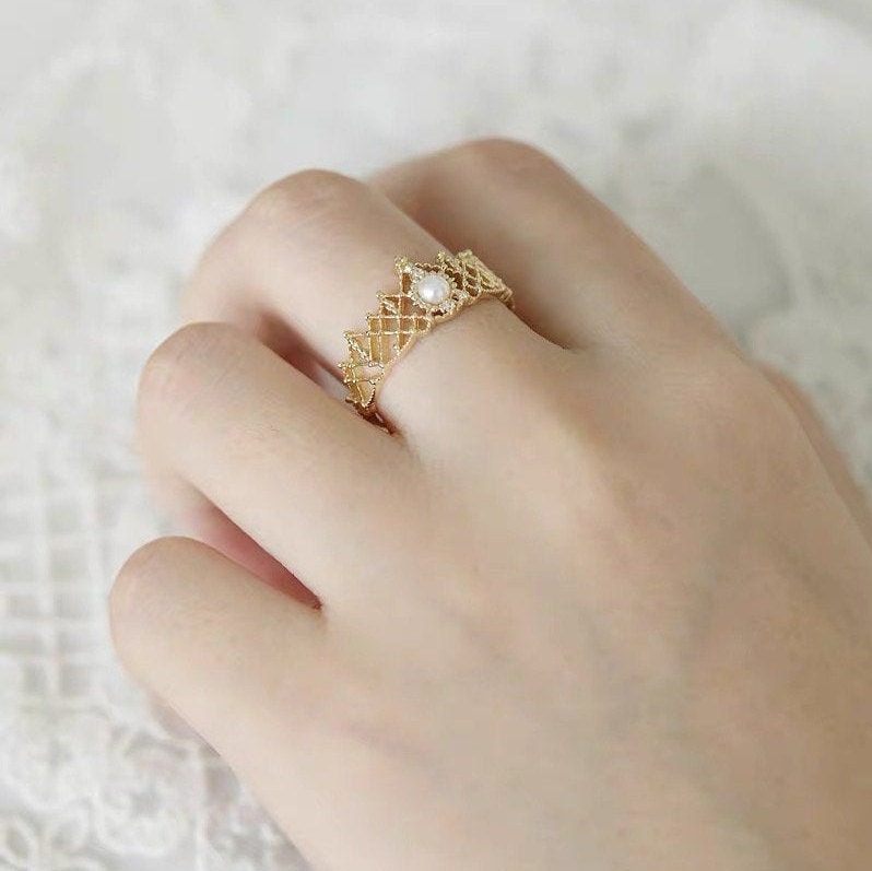 Vintage Crown Ring Pearl Crown Ring Dainty Pearl Wedding | Etsy