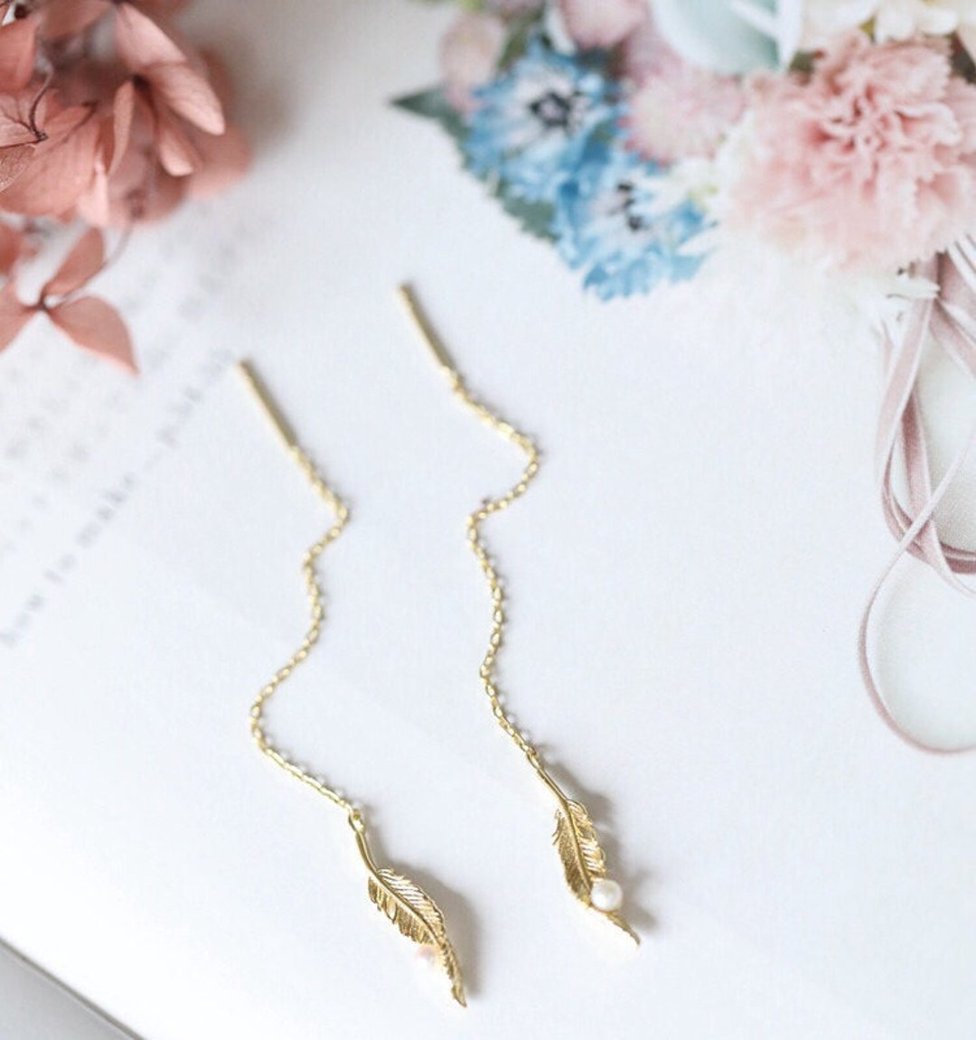 Feather Theader Earrings Gold, Vintage Feather Earrings, Dainty Feather ...