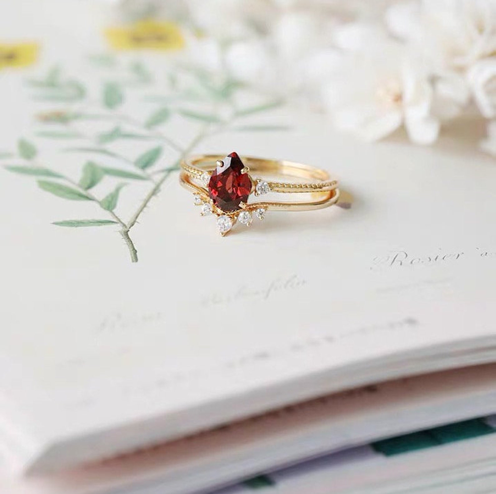 Teardrop Garnet Ring Bridal Ring Set Garnet Ring Set Dainty | Etsy