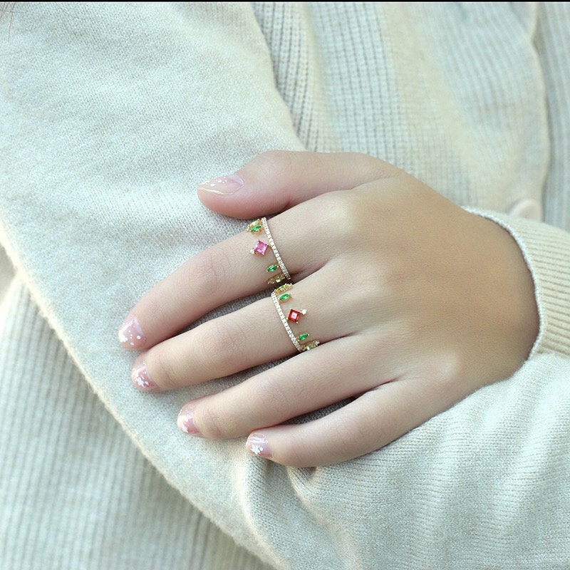Garnet Crown Stack Ring, Multi Color Gemstone Crown Ring, Birthstone ...