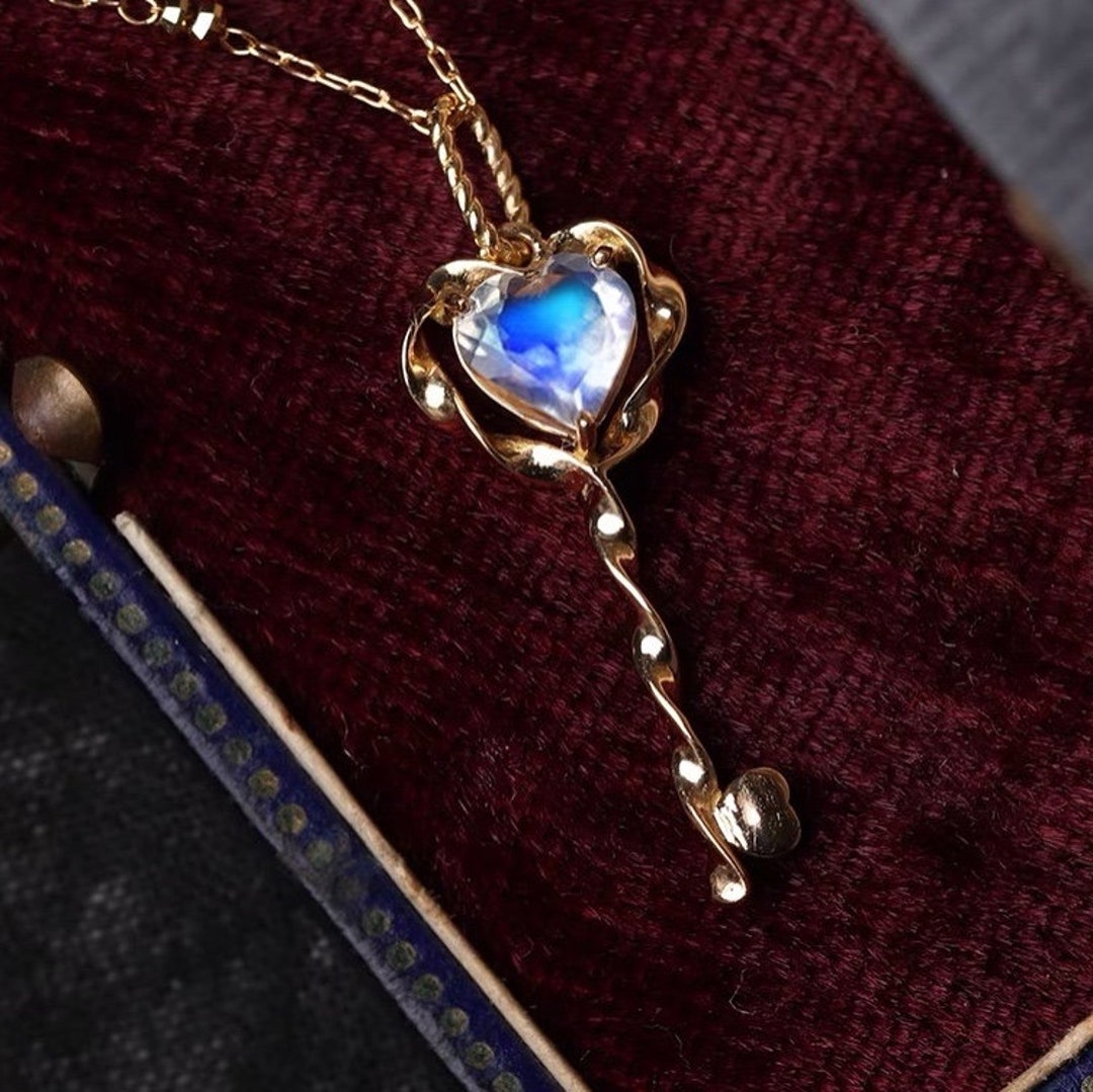Moonstone Key Necklace, Heart Key Pendant Necklace, Dainty Key Charm ...