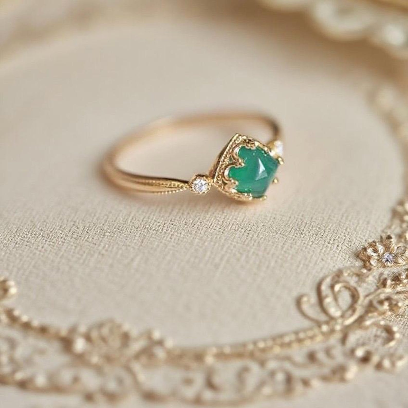 Vintage Jade Engagement Ring, Natural Green Jade Ring, Dainty Promise ...