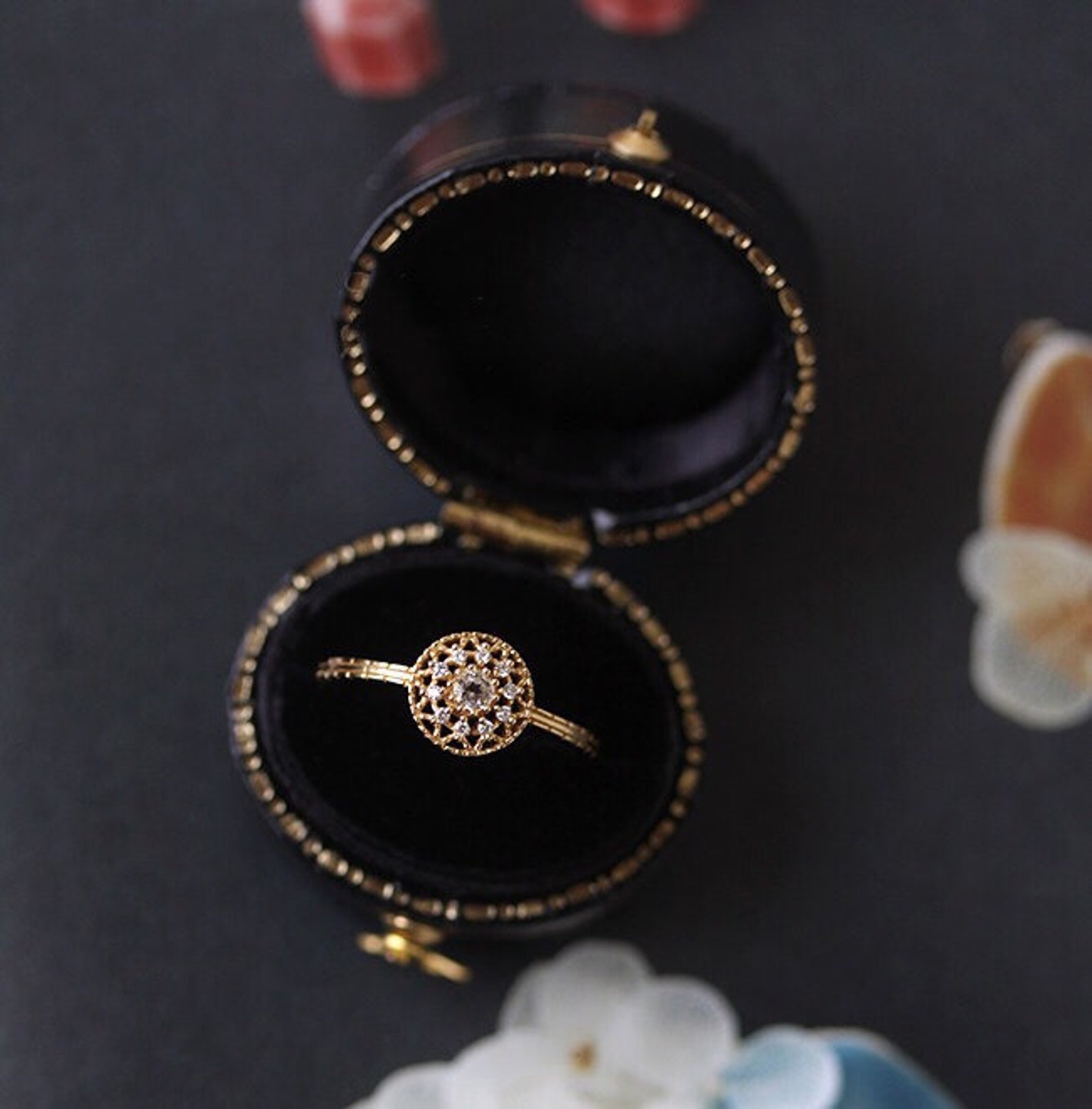 Vintage Diamond Engagement Ring Sun Ring Gold Dainty Bridal - Etsy