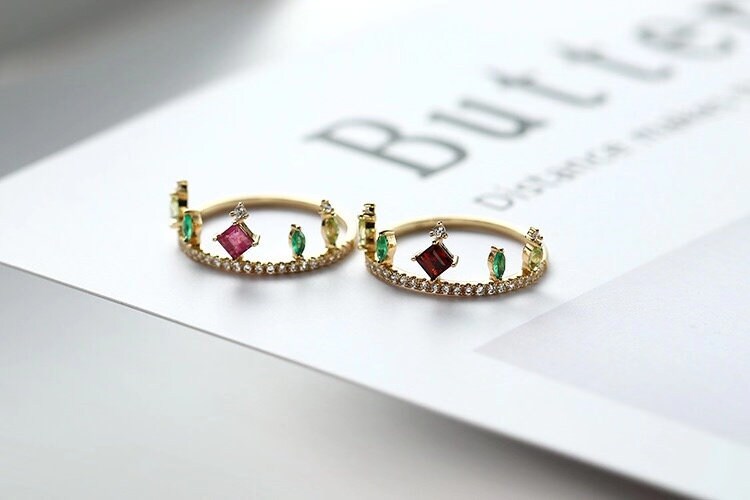 Garnet Crown Stack Ring Multi Color Gemstone Crown Ring | Etsy