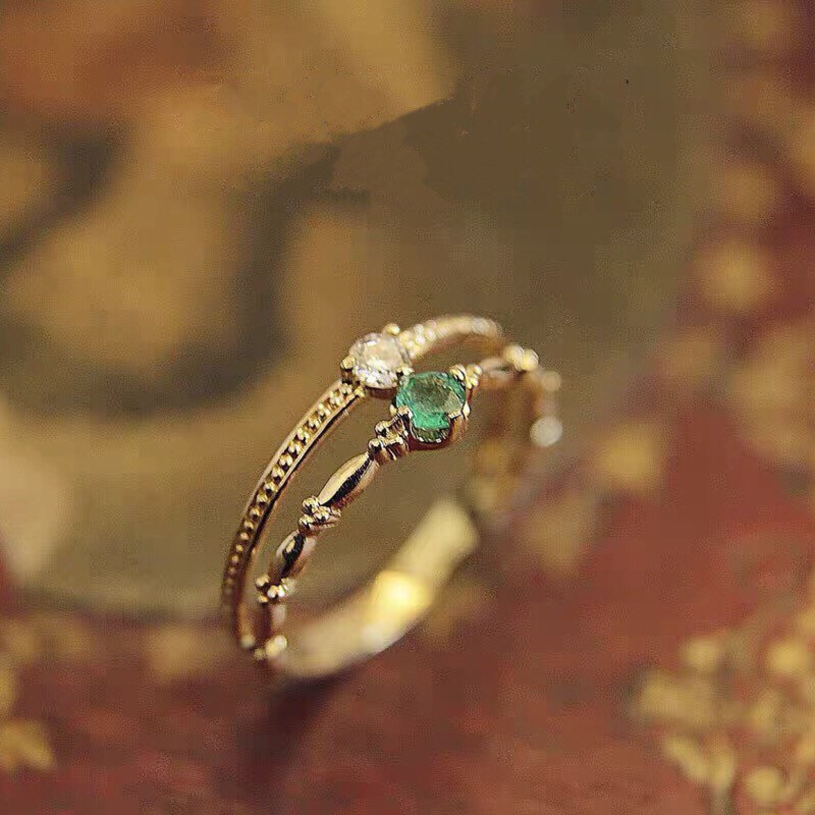 Emerald Ring, Solid Gold Emerald Ring, Double Band Emerald Ring ...
