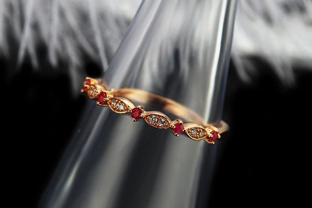 Vintage Ruby Wedding Band, Natural Ruby Stack Ring, Half Eternity ...