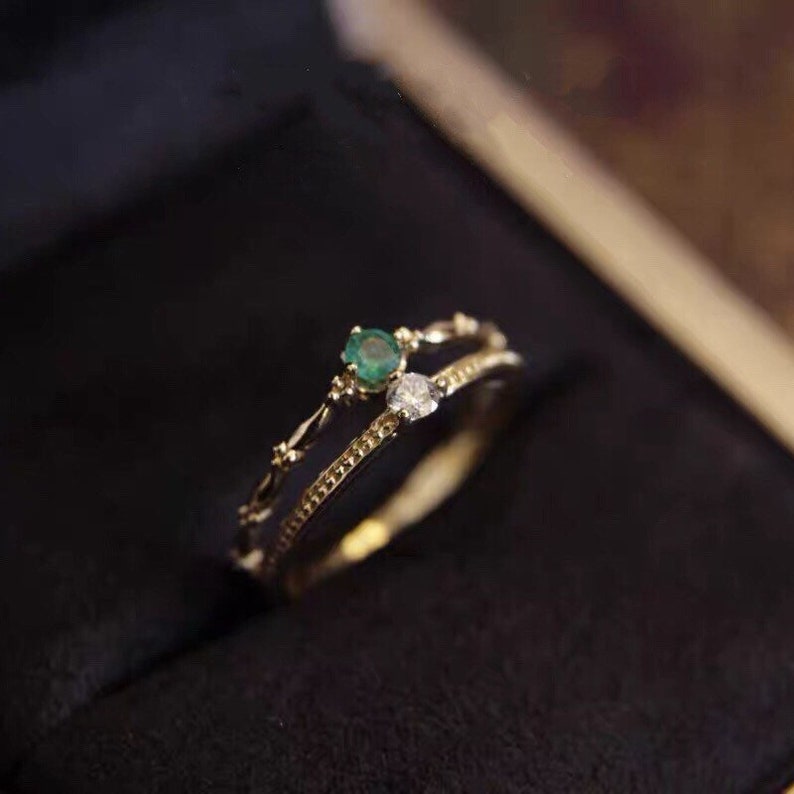 Emerald Ring Solid Gold Emerald Ring Double Band Emerald | Etsy