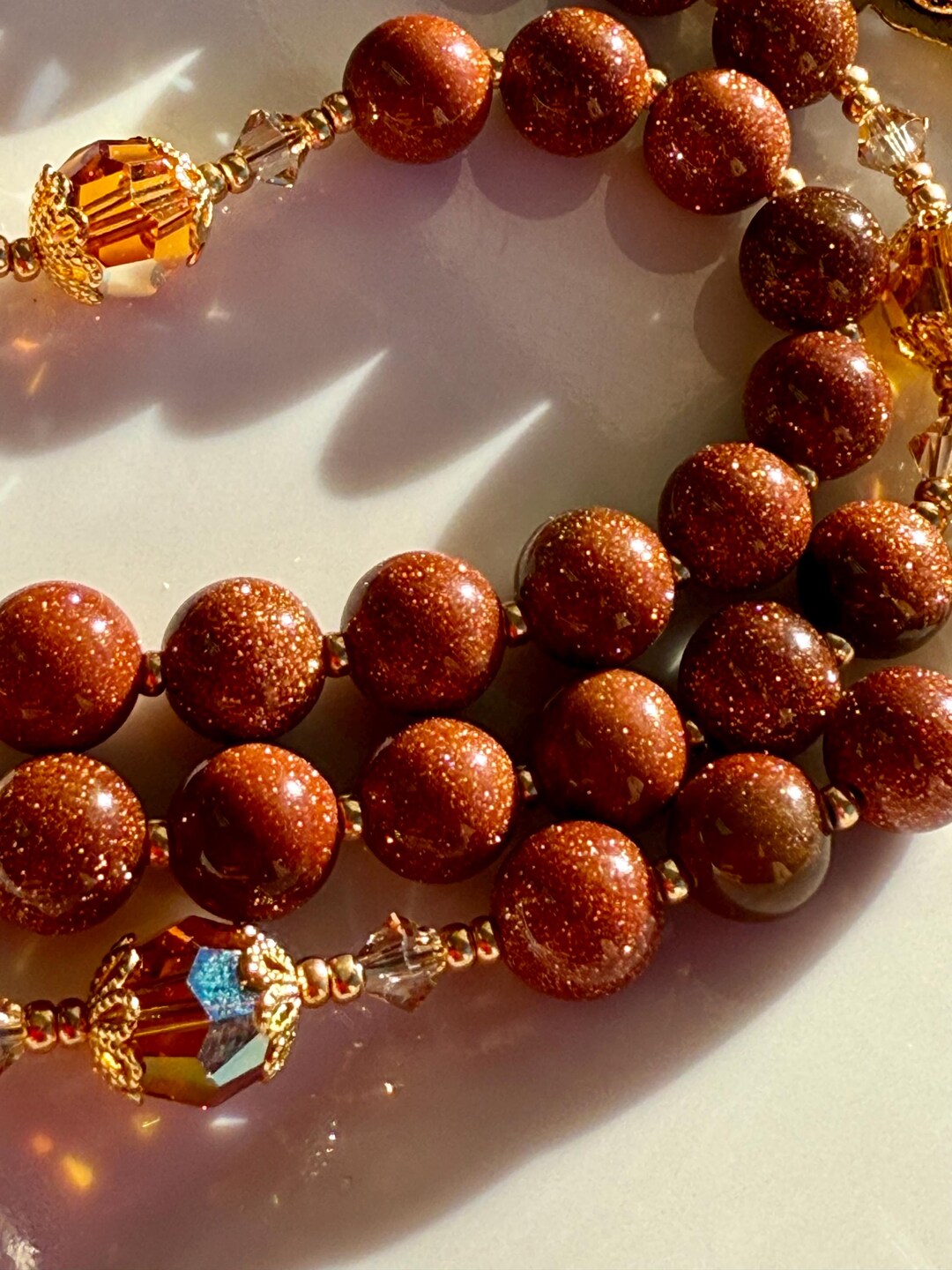 Rosary Beads, Gold, Brown, Goldstone and Swarovski Topaz, Baptism, Gift ...