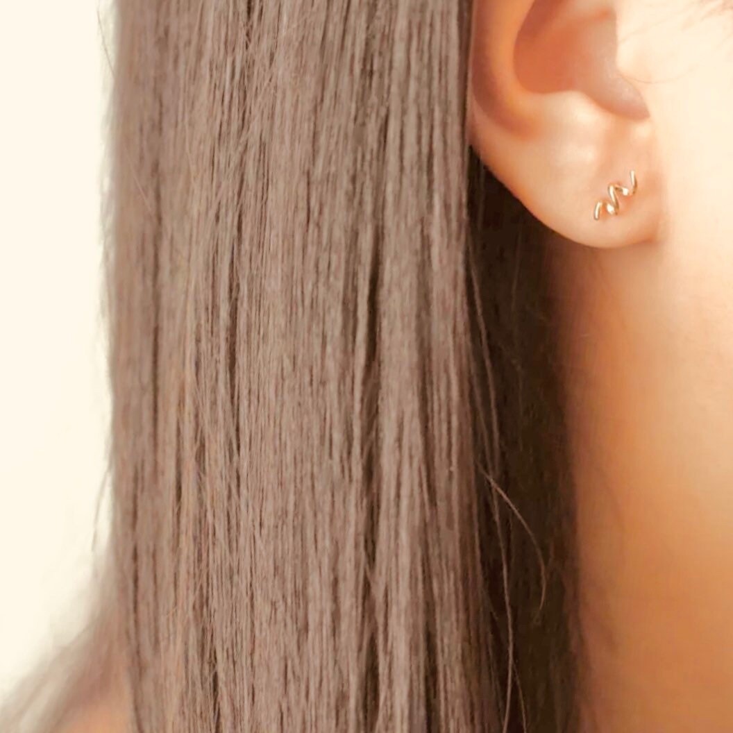 14K Solid Gold Dainty Twirl Spring Spiral Stud Earrings Cute - Etsy