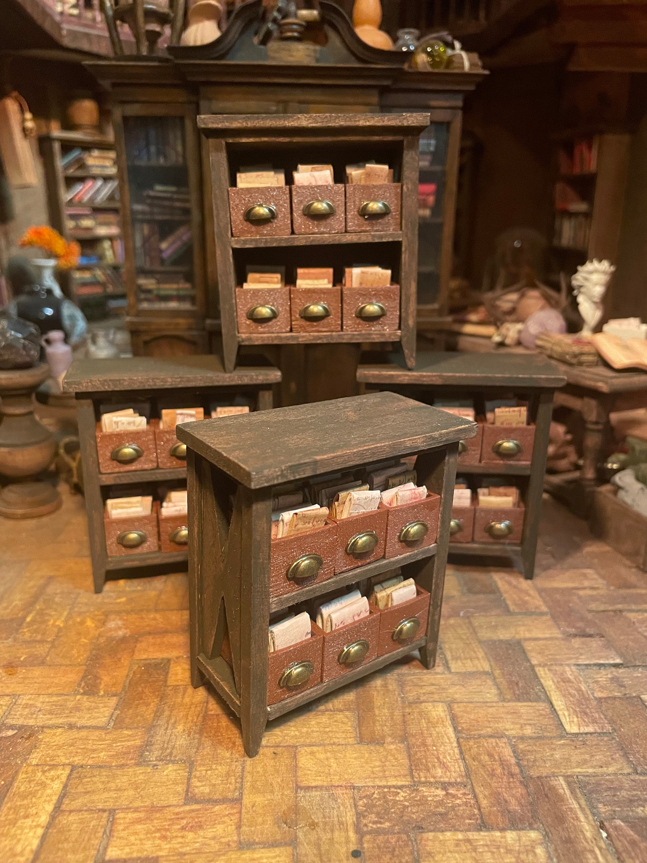 Miniature Bookcase, 2 shelves complete with 6 archive drawers! Mini ...