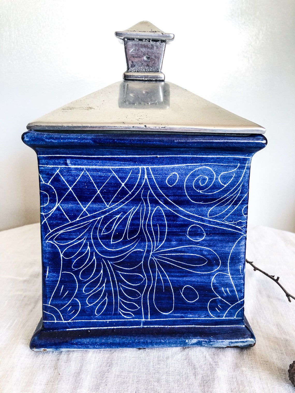 Alba Pottery Large Blue Square Canister With Metal Lid | Etsy