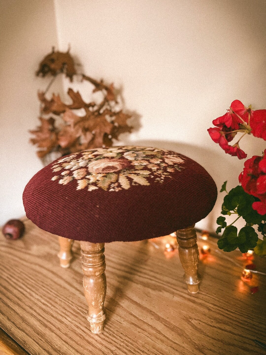 Antique Burgundy Floral Needlepoint Footstool /cottage Core/rustic ...
