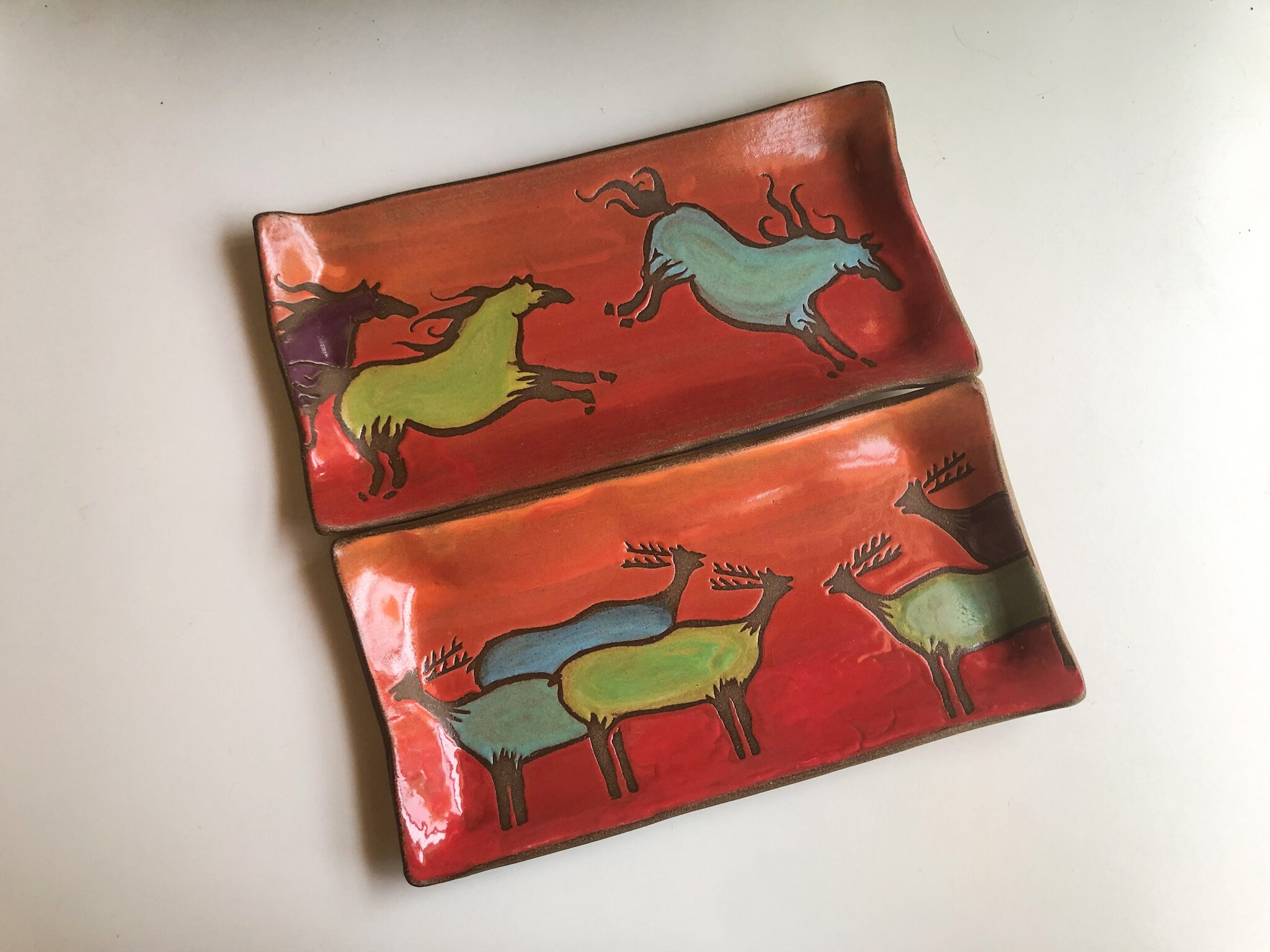Jan Igaki Trays/platters With Cave Design / Choose Option Horses/deer ...