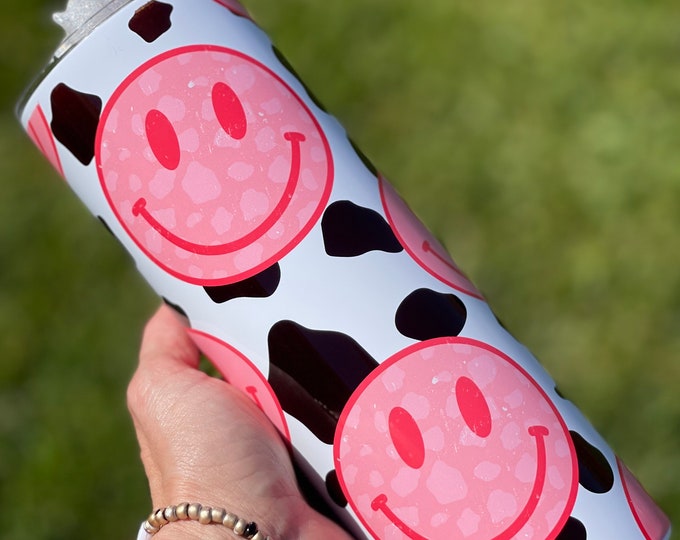 Full Wrap Cow and Smiley Face Sublimation Tumbler - Cow Print With Pink ...