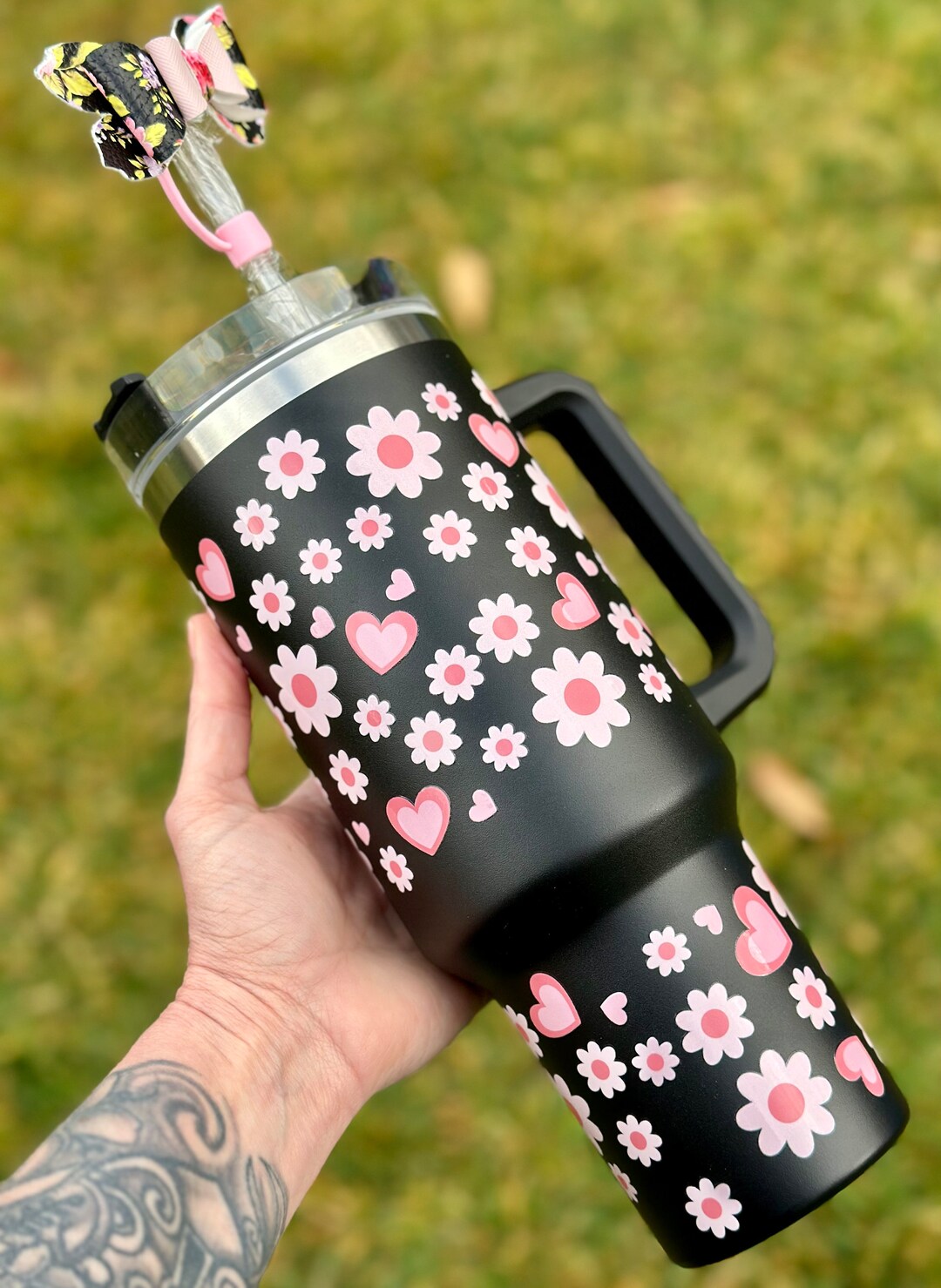 Boho Pink Retro Daisy Wrap UV DTF Full Wrap on a Black 40 Oz Stanley ...