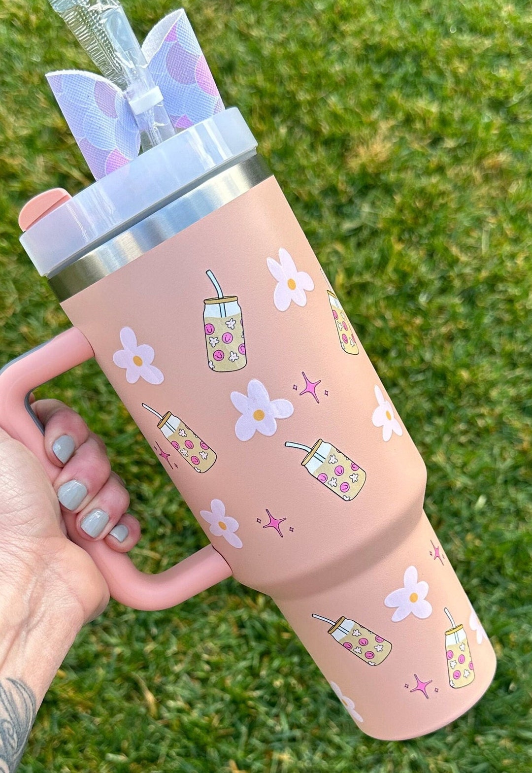 Peachy Pink Boho Wrap UV DTF Full Wrap on a 40 Oz Stanley Dupe Smile ...