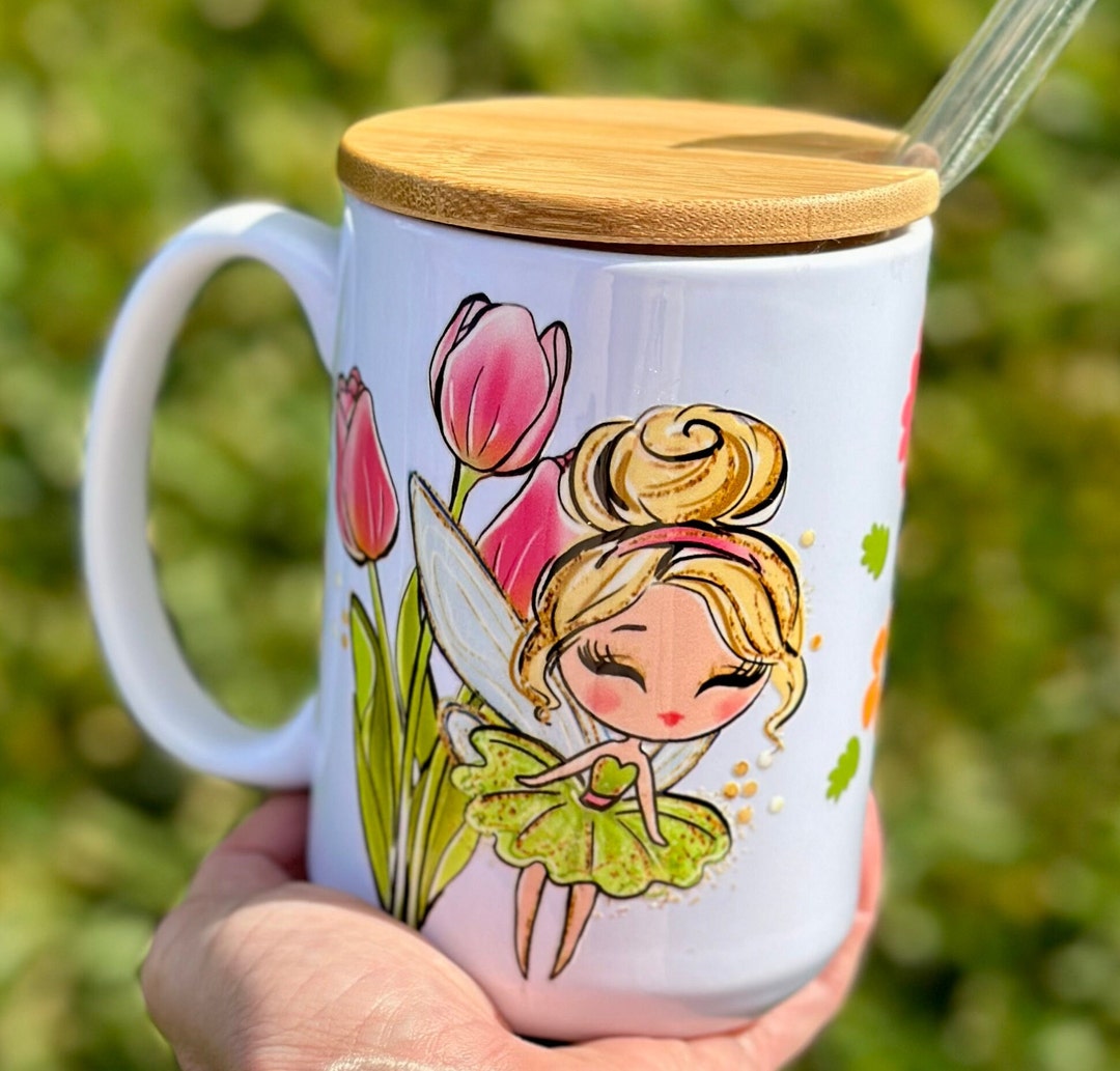 Fairy Uv Dtf Transfer on a White Coffee Mug With Bamboo Lid retro ...