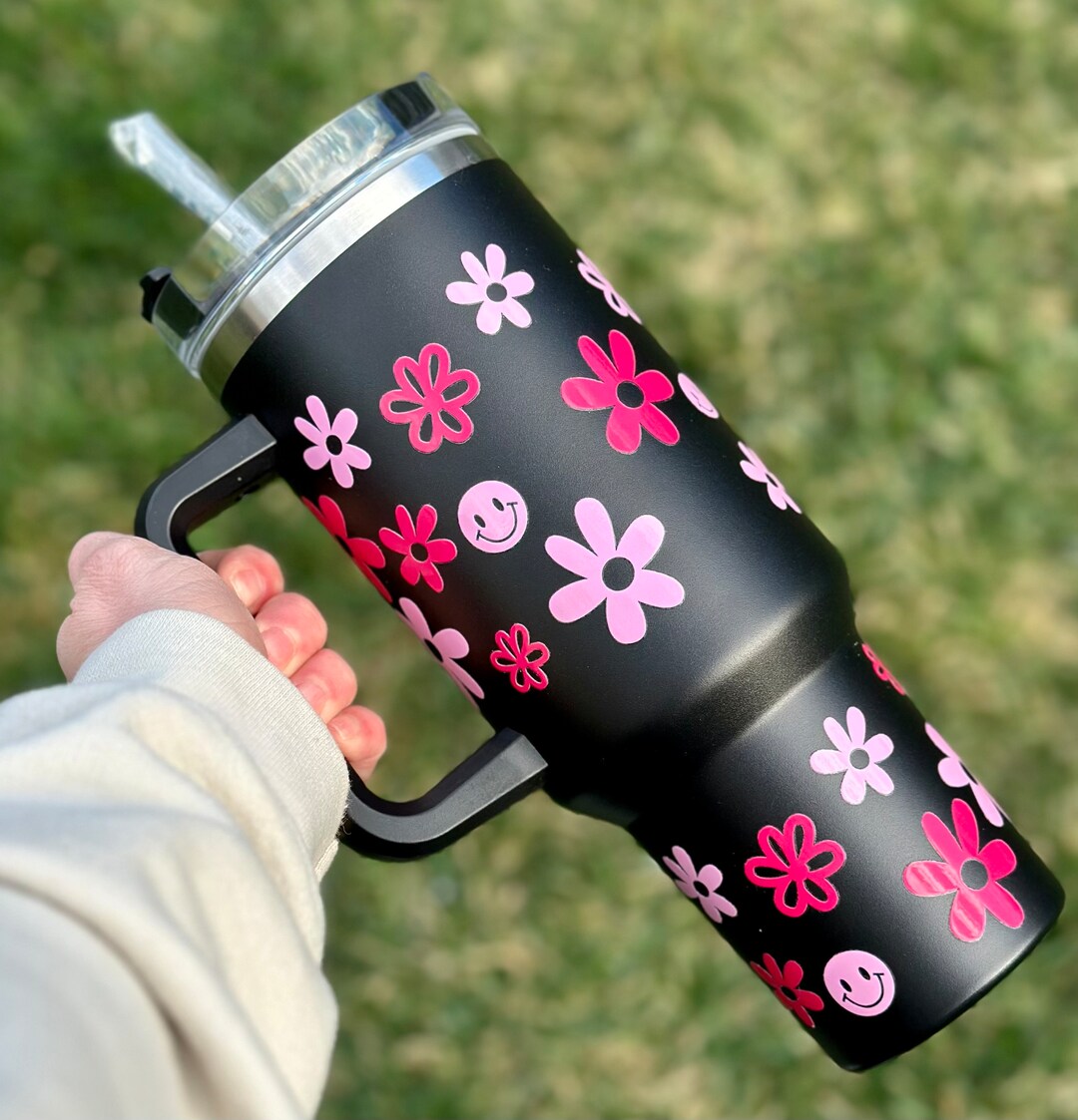 Boho Pink Daisy, Smile Wrap UV DTF Full Wrap on a Black 40 Oz Stanley ...