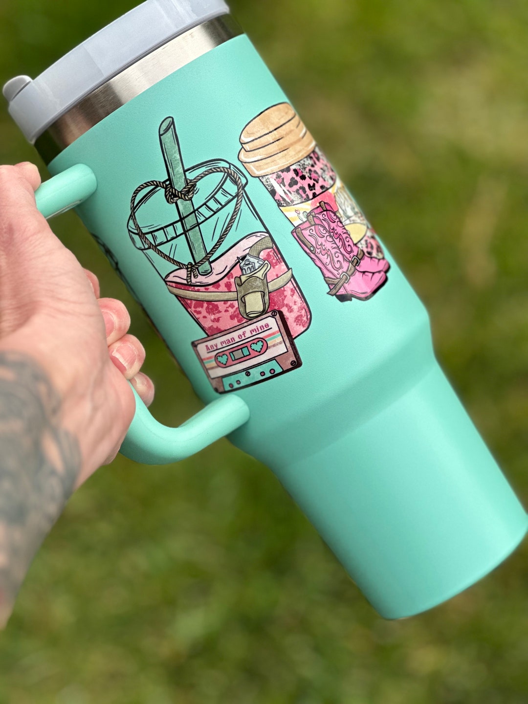 Teal Cowboy Cold Cups UV DTF Full Wrap on a 40 Oz Stanley Dupe Cold Cup ...
