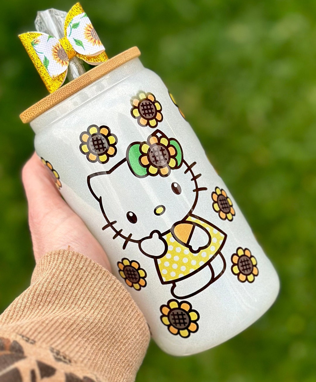 Sunflower Kitty Sublimation Glass Can HK Full Wrap Design Kawaii Design ...
