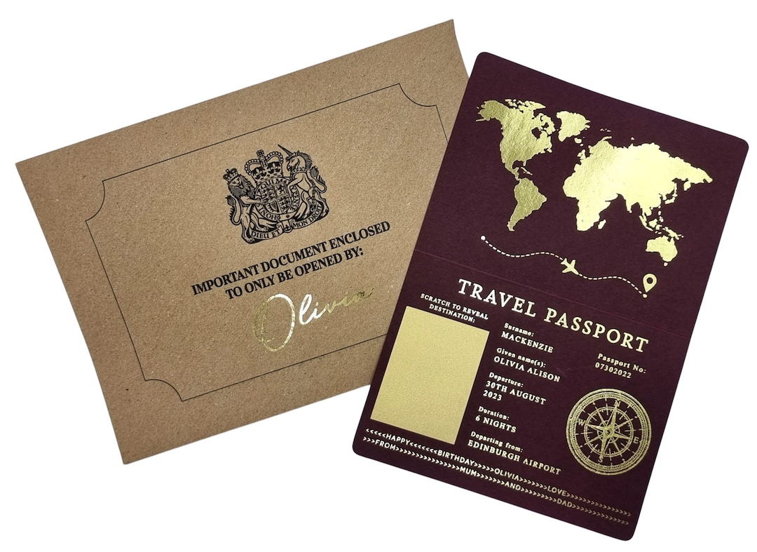 Gold Foil Passport Scratch & Reveal Travel Ticket Surprise Gift Card ...