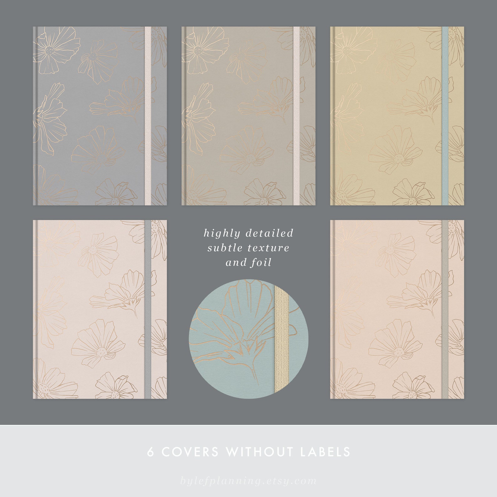 Digital Notebook Cover Flowers Elastic Rose Gold Foil 6 Colours ...