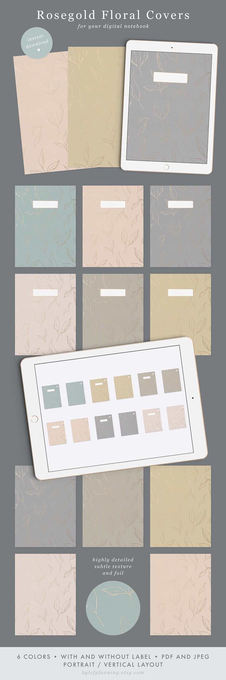 Floral Digital Notebook Cover Rose Gold Foil 6 Colours | Goodnotes ...