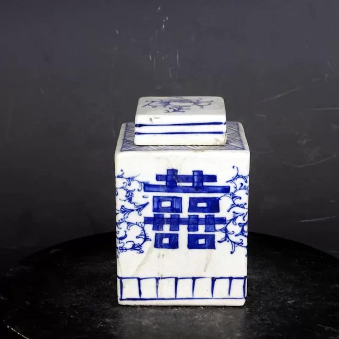 Chinese Porcelain Tea Jar,chinese Blue and White Ceramic Square Lid Pot ...