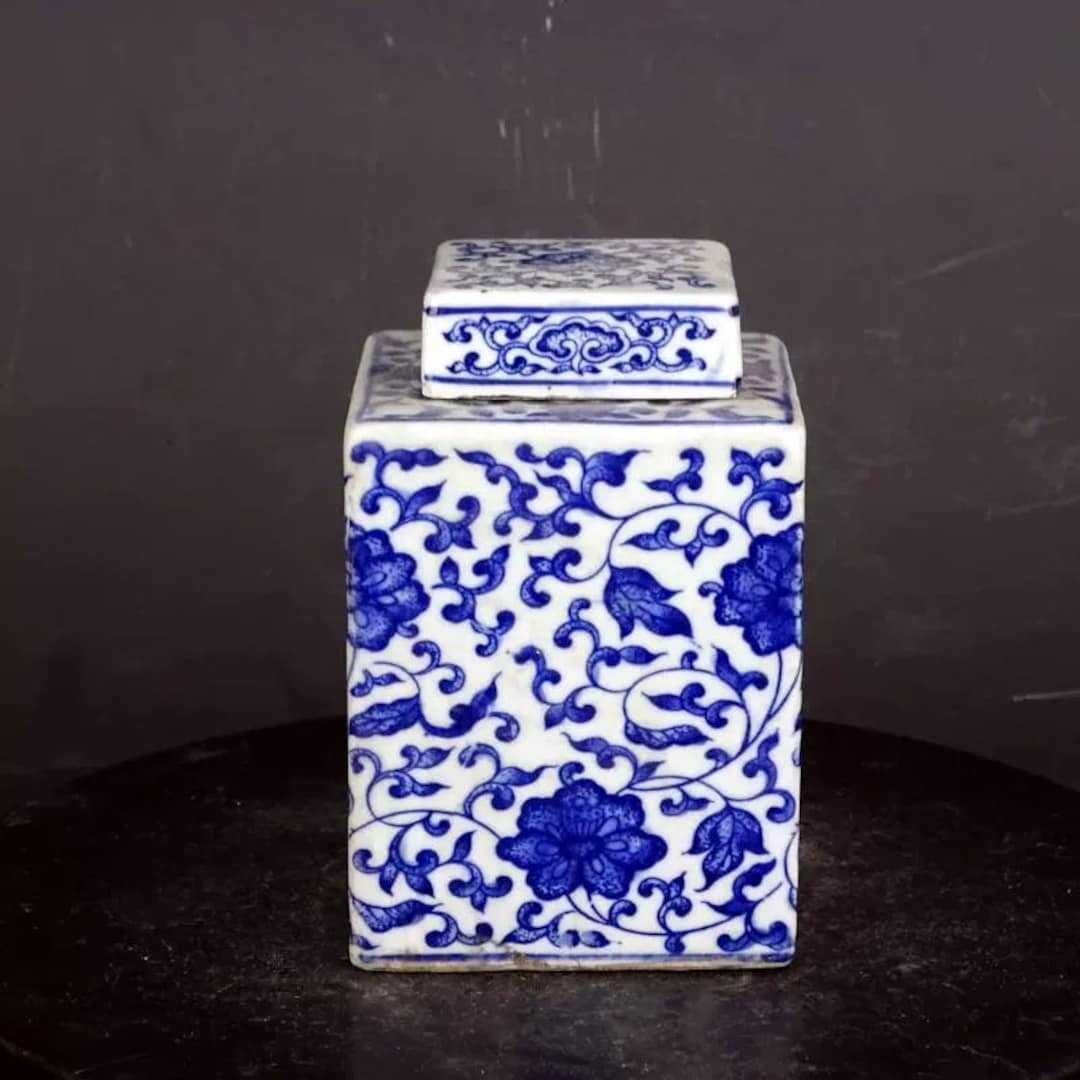 Chinese Porcelain Tea Jar,chinese Blue and White Ceramic Square Lid Pot ...