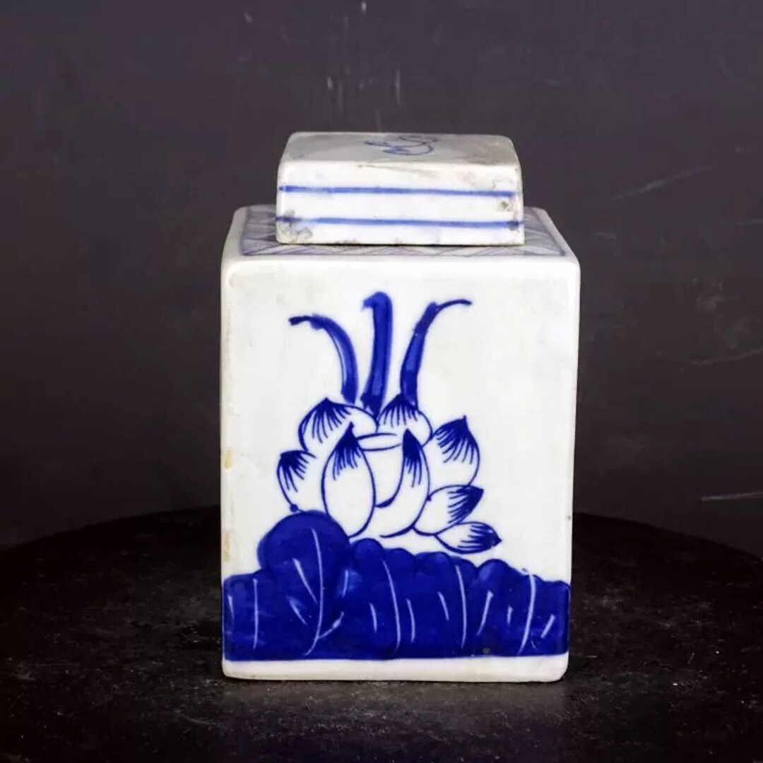 Chinese Porcelain Tea Jar,chinese Blue and White Ceramic Square Lid Pot ...