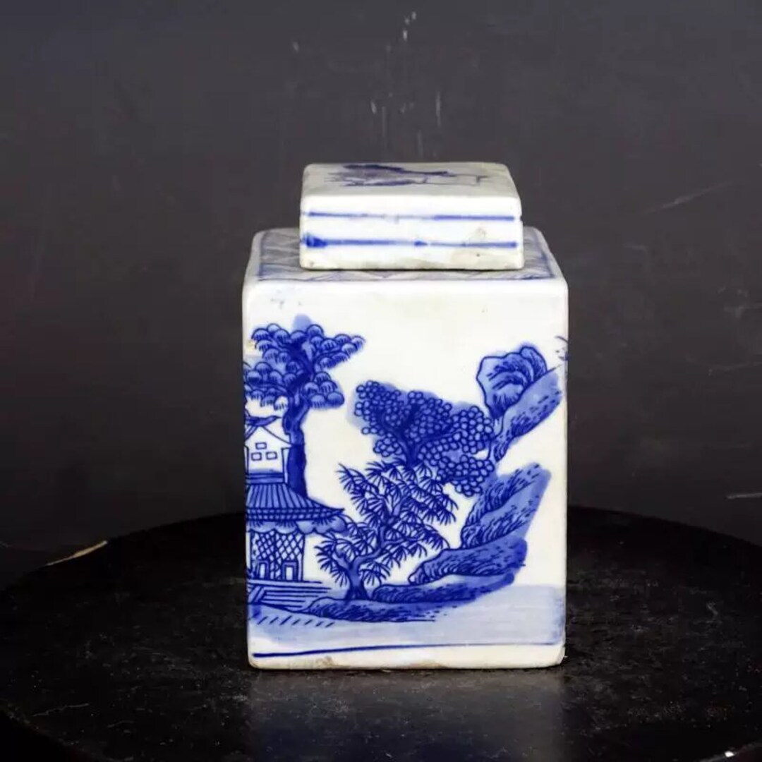 Chinese Porcelain Tea Jar,chinese Blue and White Ceramic Square Lid Pot ...