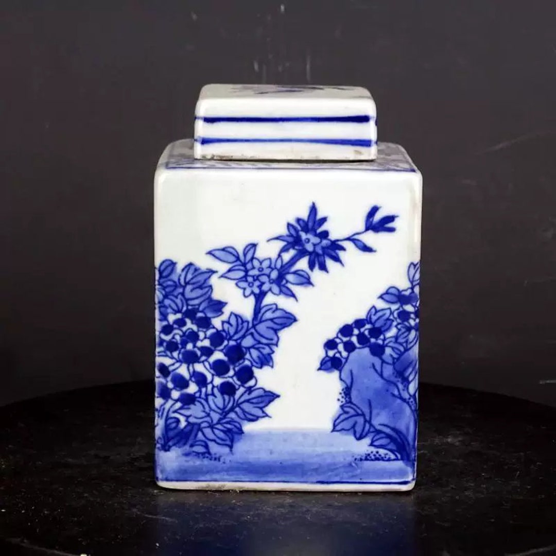 Chinese Porcelain Tea Jar,chinese Blue and White Ceramic Square Lid Pot ...
