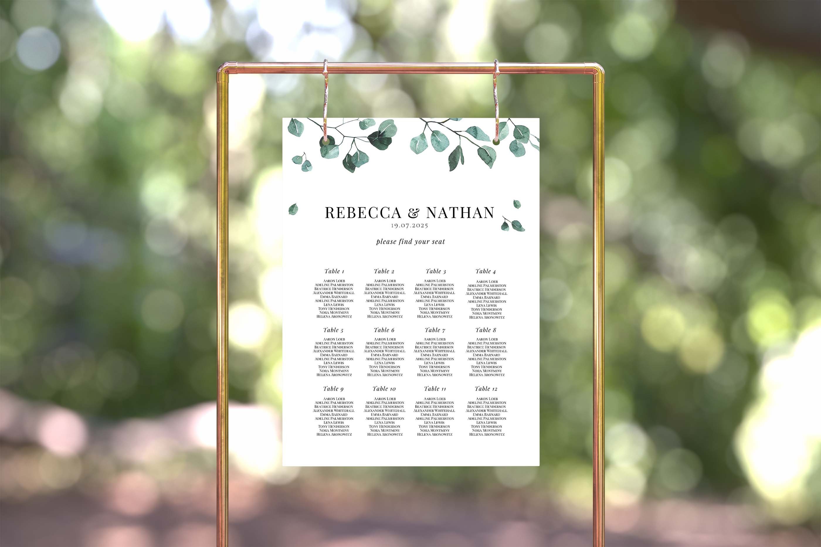 Seating Chart Poster With Green Eucalyptus Foliage / Greenery Editable ...