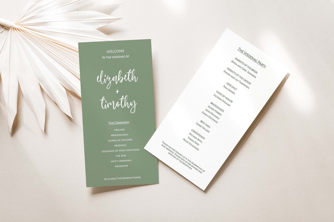 Sage Green and White Editable Wedding Program Template | Etsy
