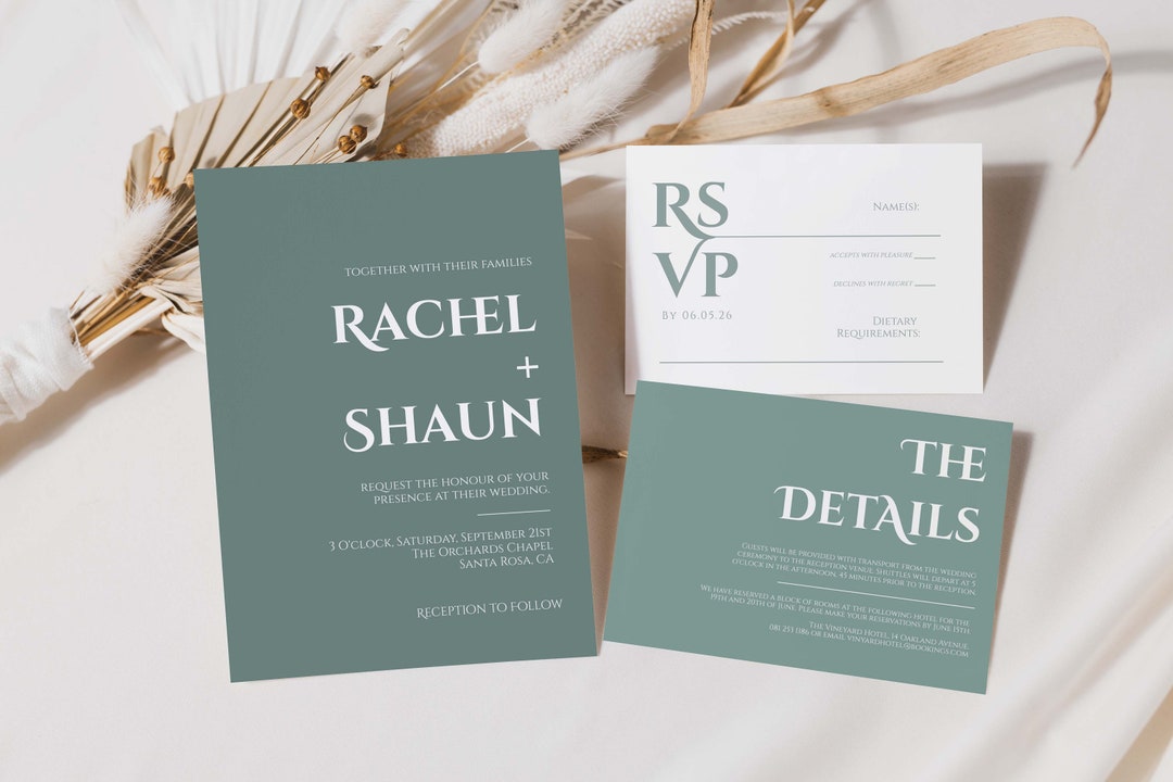 Blue-green Wedding Invitation - Modern Wedding Invitation Set - 5x7 ...
