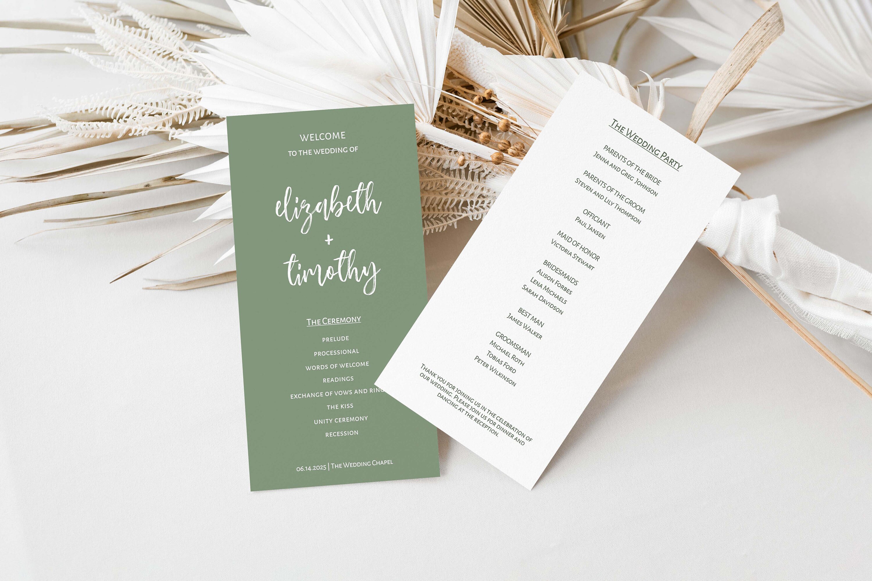 Sage Green and White Editable Wedding Program Template - Neutral Tones ...