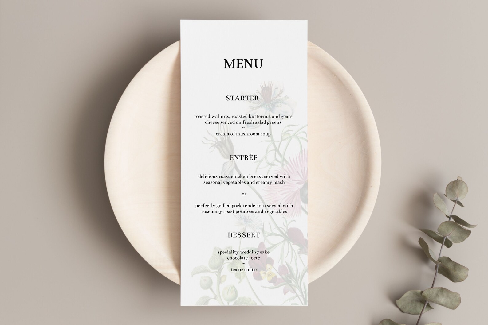 Printable Vintage Botanical Menu With Watermark - 4x9 Tall Flat Double ...