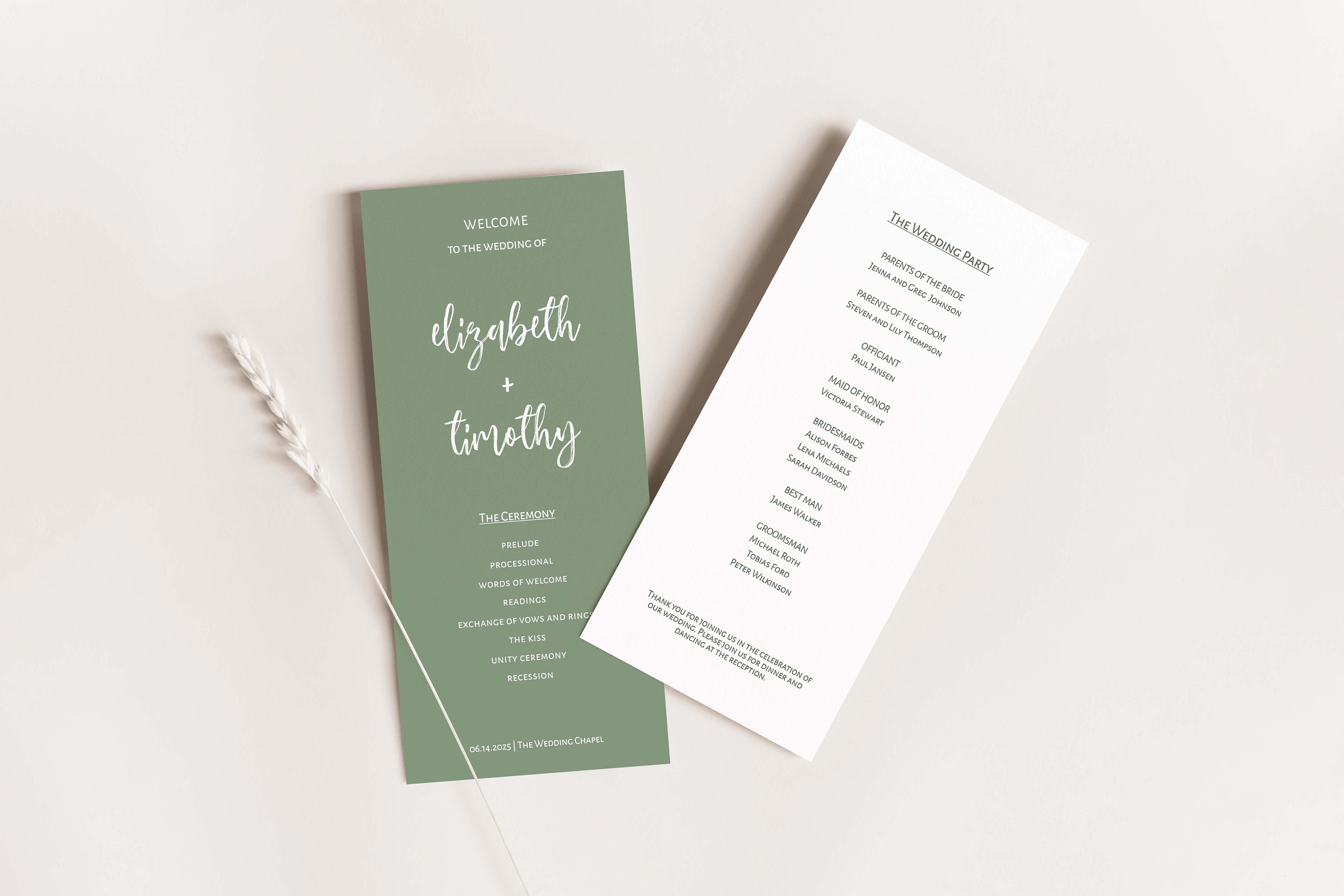 Sage Green and White Editable Wedding Program Template - Neutral Tones ...