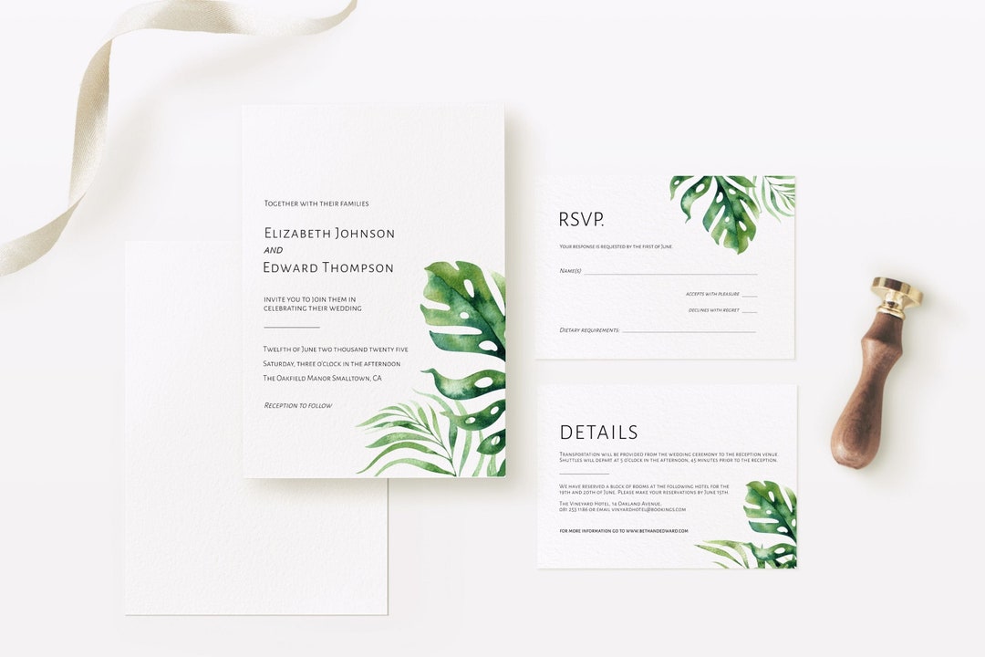 Green Tropical Wedding Invitation Suite With RSVP and Details Cards ...