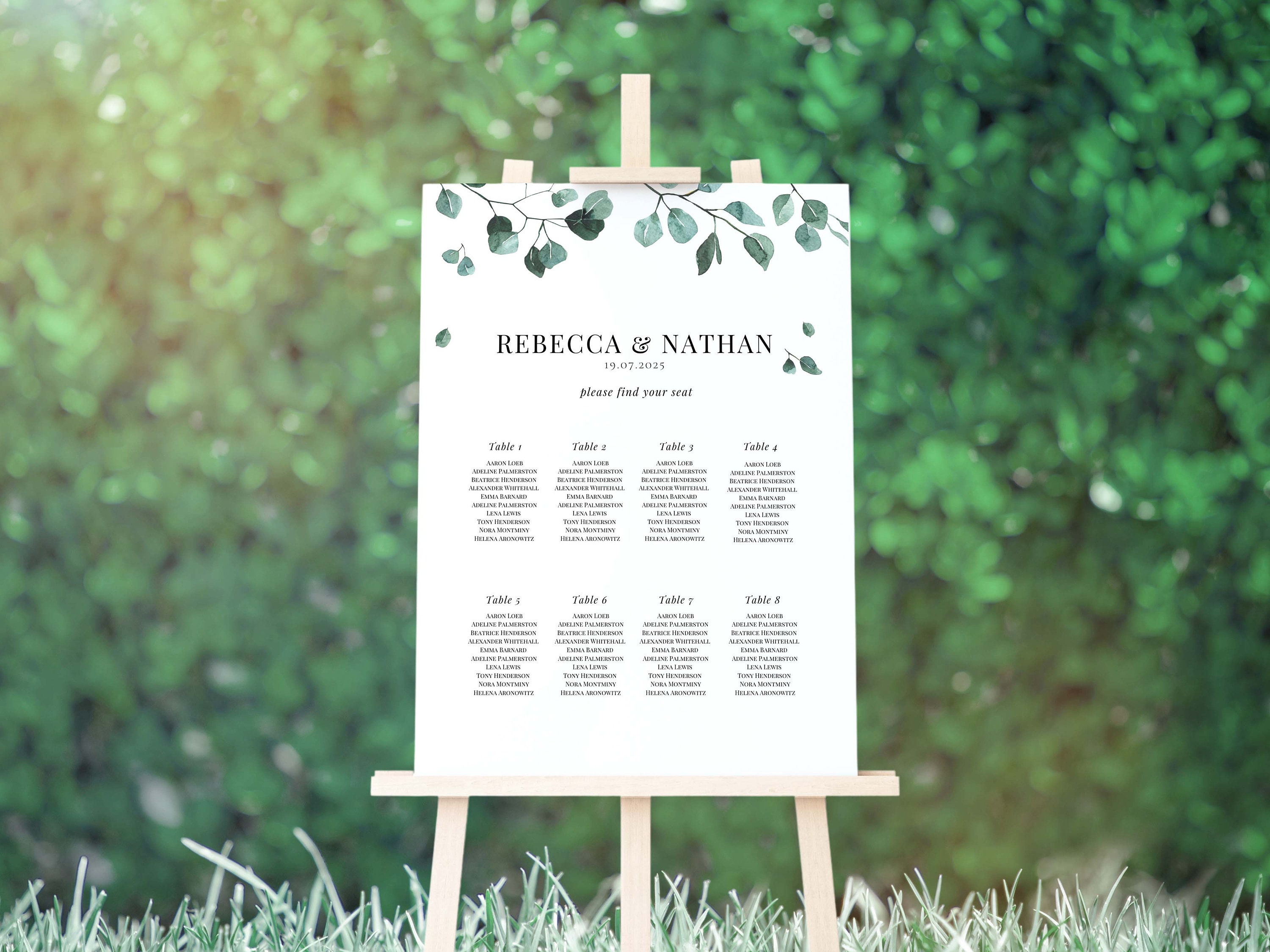 Seating Chart Poster With Green Eucalyptus Foliage / Greenery Editable ...