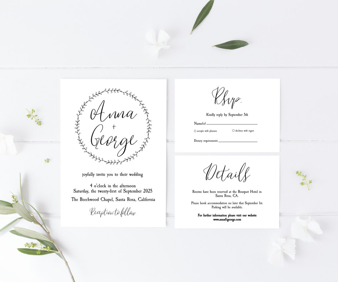 Printable Black And White Wedding Invitation With Wreath Etsy Printable Black And White Wedding Invitation With Wreath Etsy