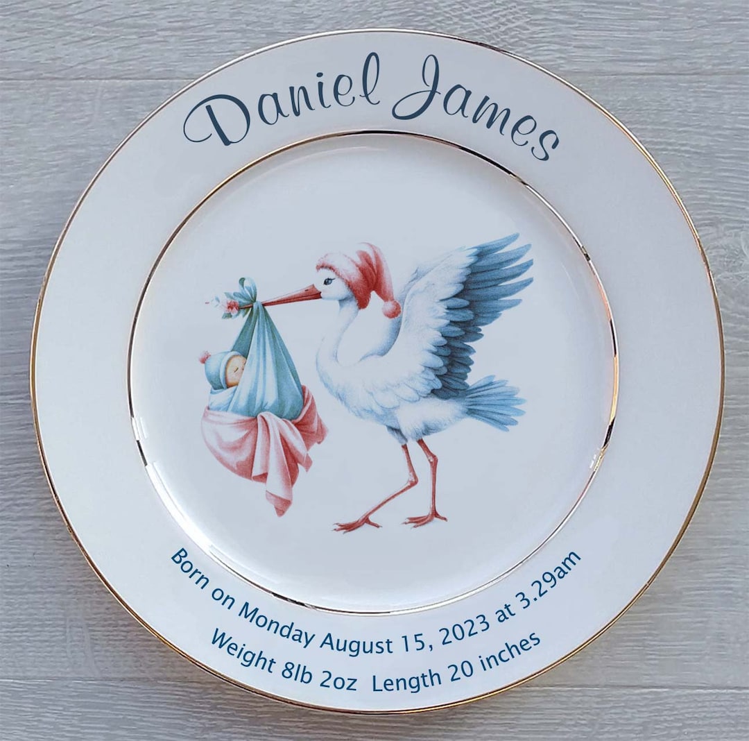 Personalised Baby Birth Plate - 2 Sizes - Fine Bone China - Stork ...