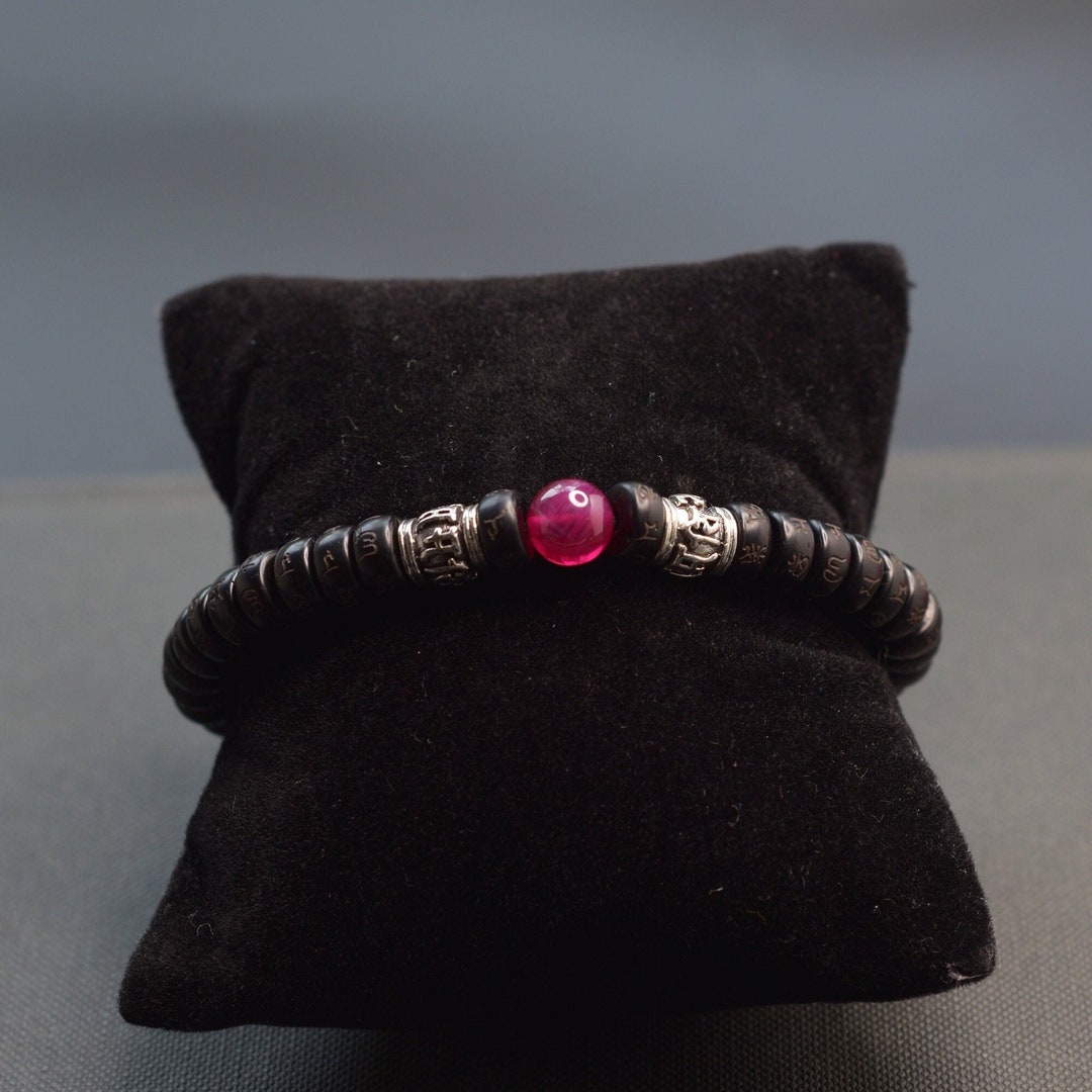 Buddhist Mantra Bracelet, Lab Ruby, Coconut Wood, Anxiety Jewelry - Etsy