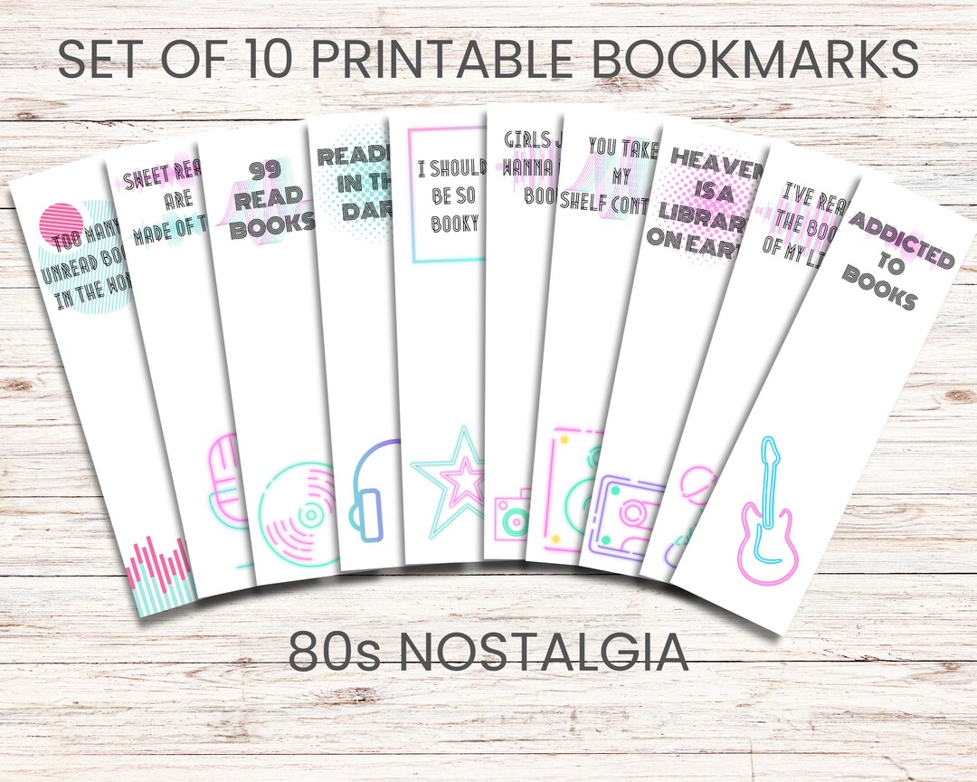 Set of 10 Printable Bookmarks With an 80s Nostalgia Theme Neon Shapes ...