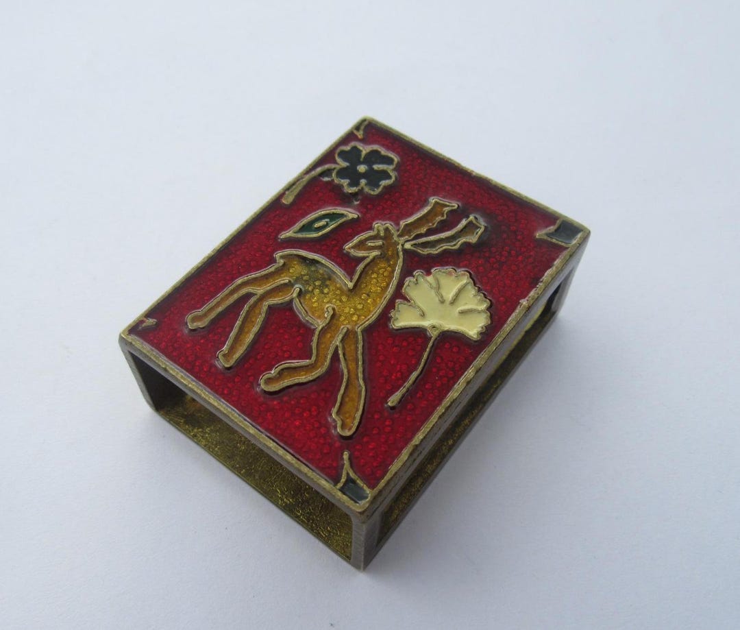 Vintage Cloisonne Enamel and Brass Matchbox Cover / Holder, Deer Design ...