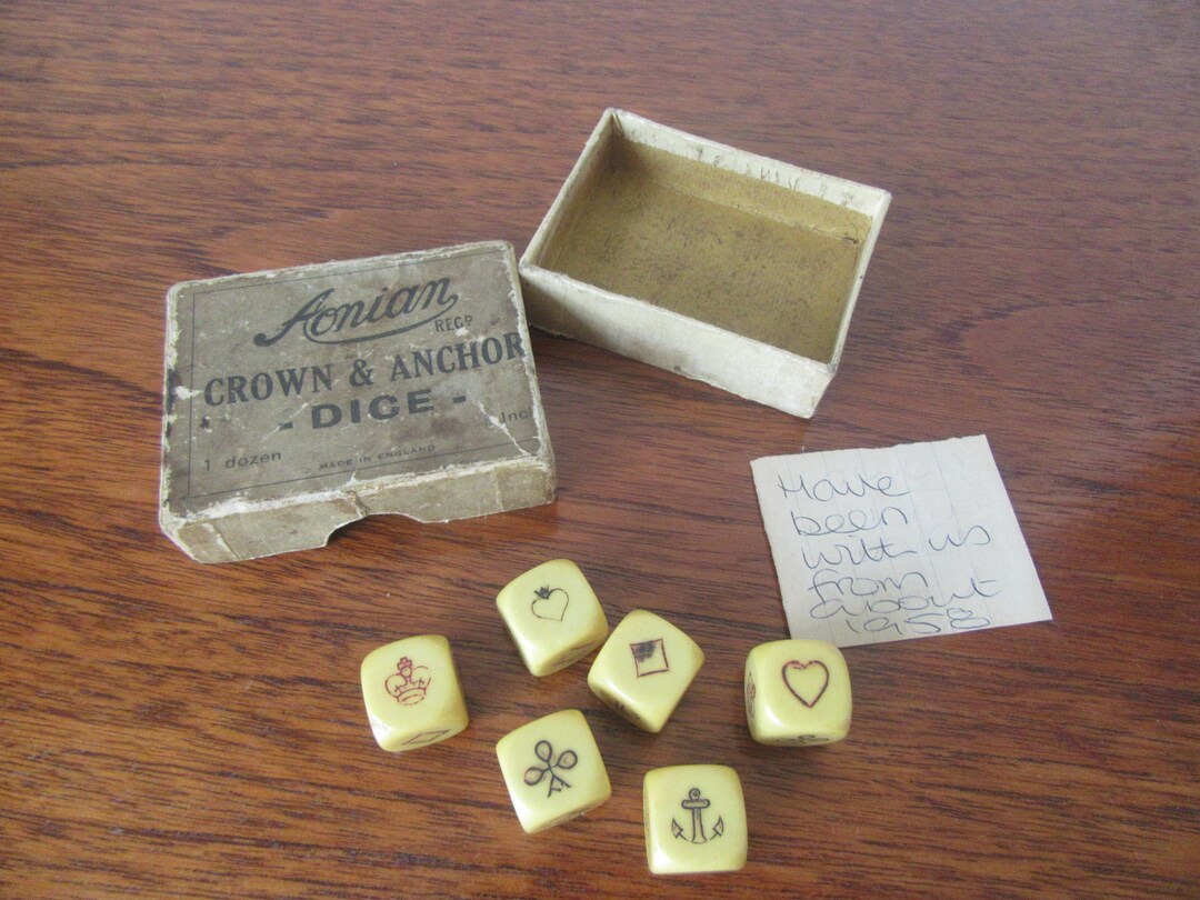 Vintage Dice Crown and Anchor Boxed X 6 Poker Dice Early Plastic ...
