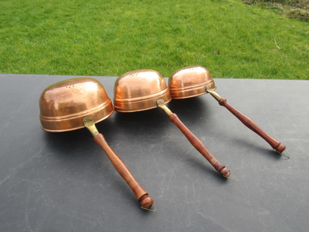 Set of 3 Vintage Copper & Wood Long Handle Sieve Colanders - Kitchen ...