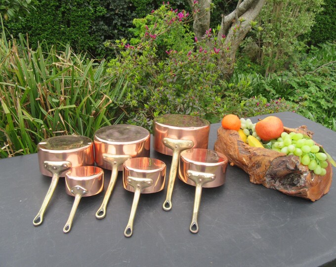 Complete Set of Six Vintage Copper Pans With Brass Handles. Graduated ...