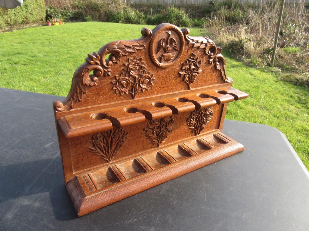 Vintage Carved Wood Tobacco Pipe Stand Rack Holder Beautiful Intricate ...